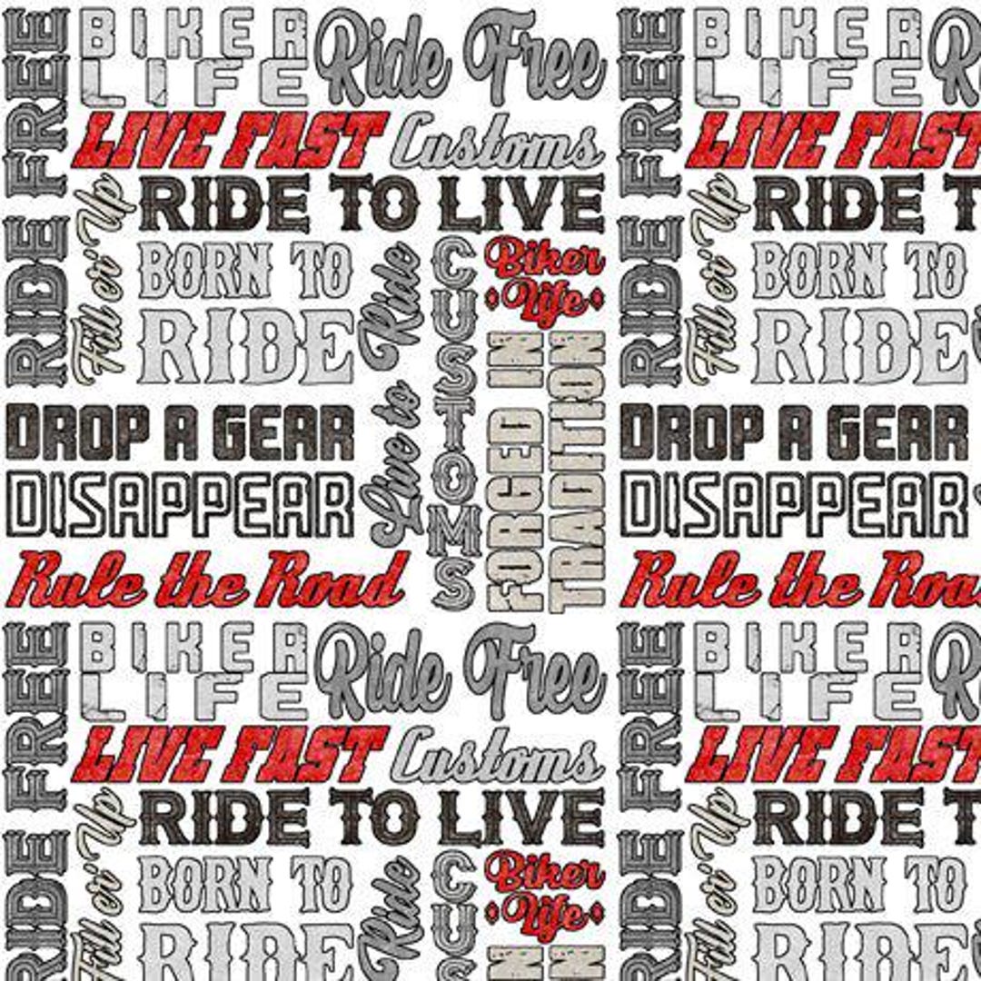 Biker Lingo Words on White From QT Fabric's Ride Free Collection - 100% ...