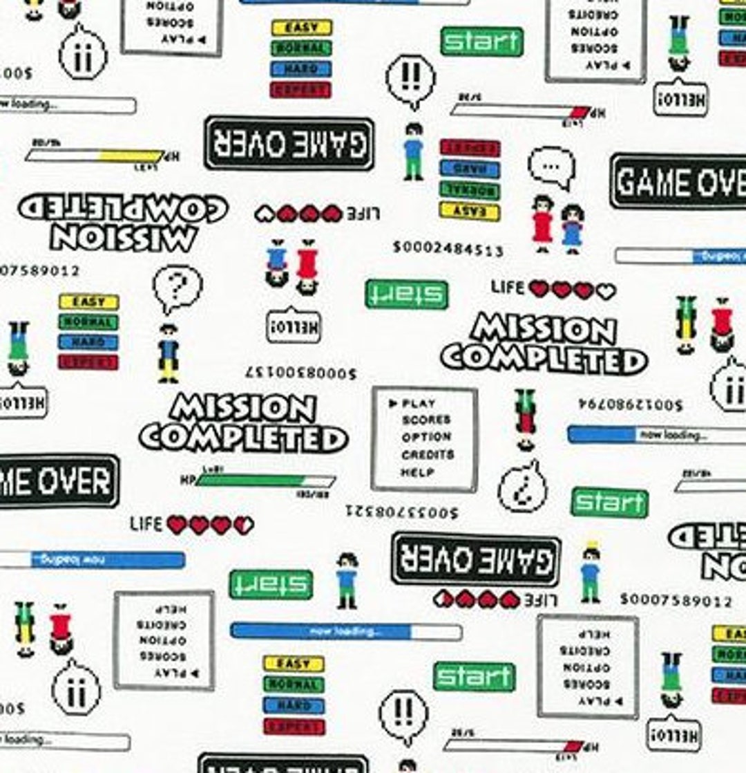 Retro Video Game Words in White From Robert Kaufman Fabric's Musings ...