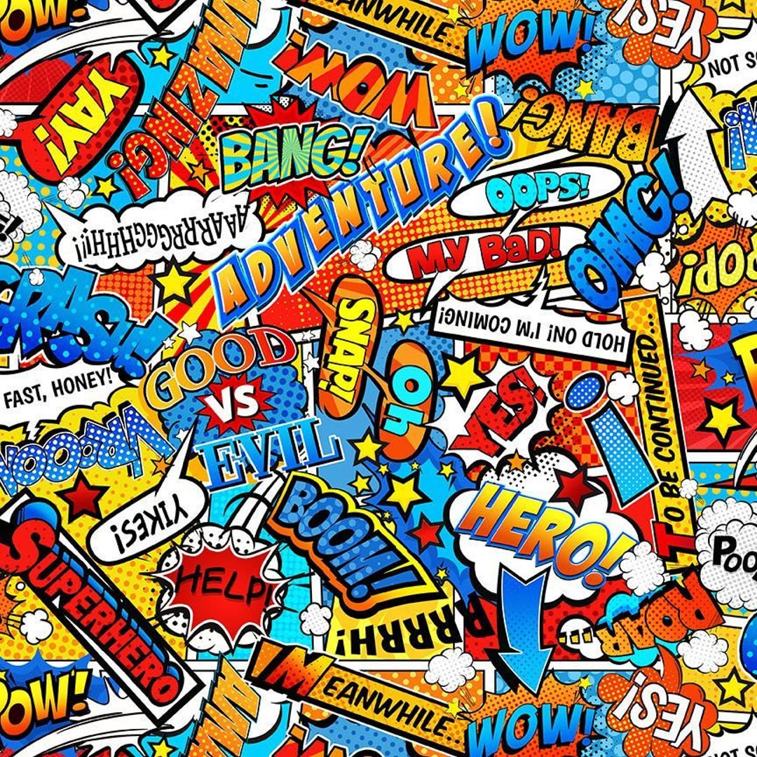 Superhero Action Words From Timeless Treasure Fabric's Superhero ...