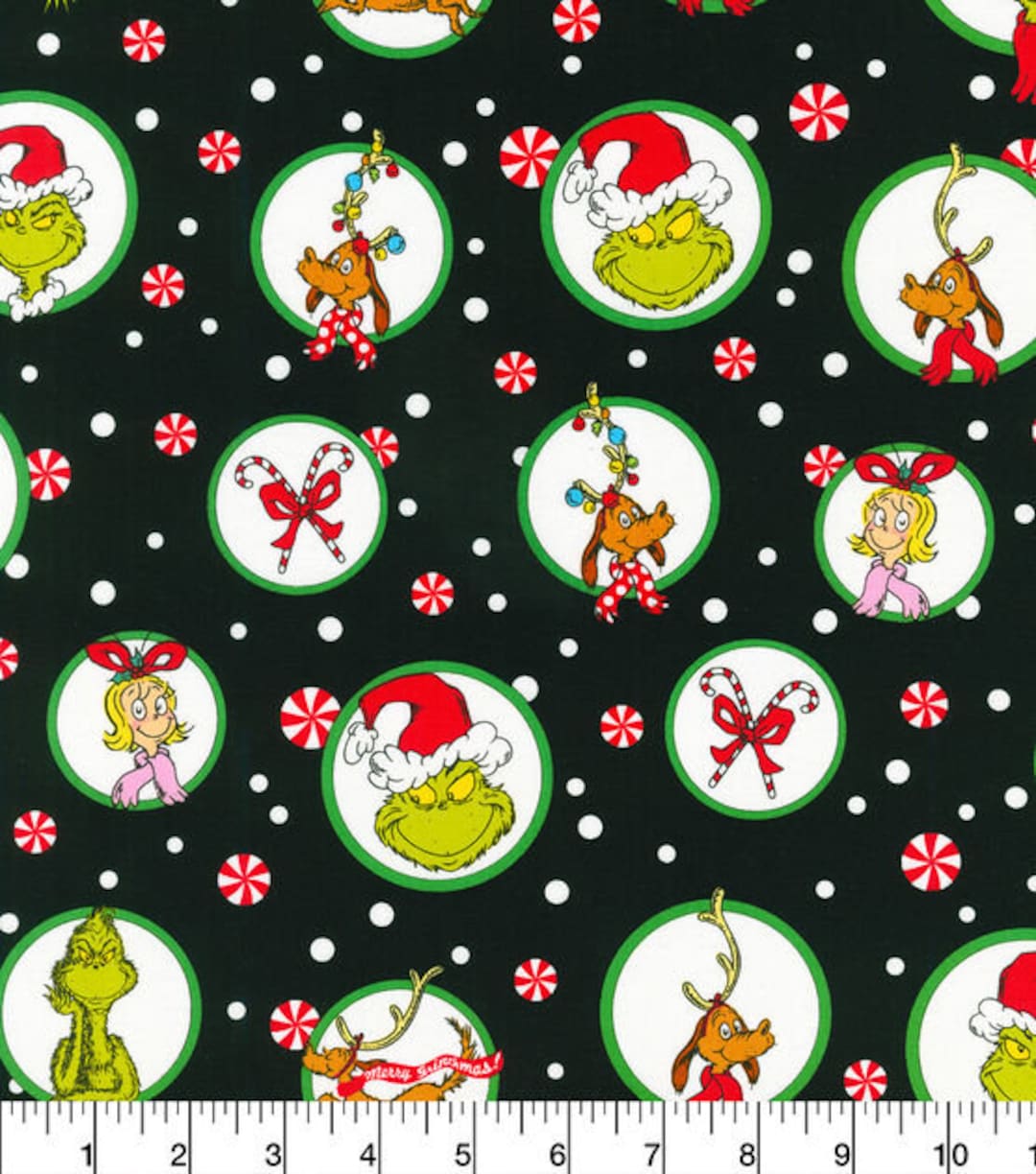 Grinch Snow Christmas Circles on Black From Robert Kaufman'a How the ...