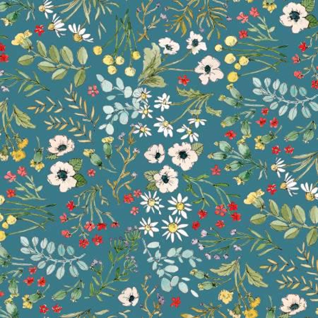 Tossed Flowers in Teal From the Cottontail Farm Collection by Caverly Smith for 3 Wishes Fabric ...