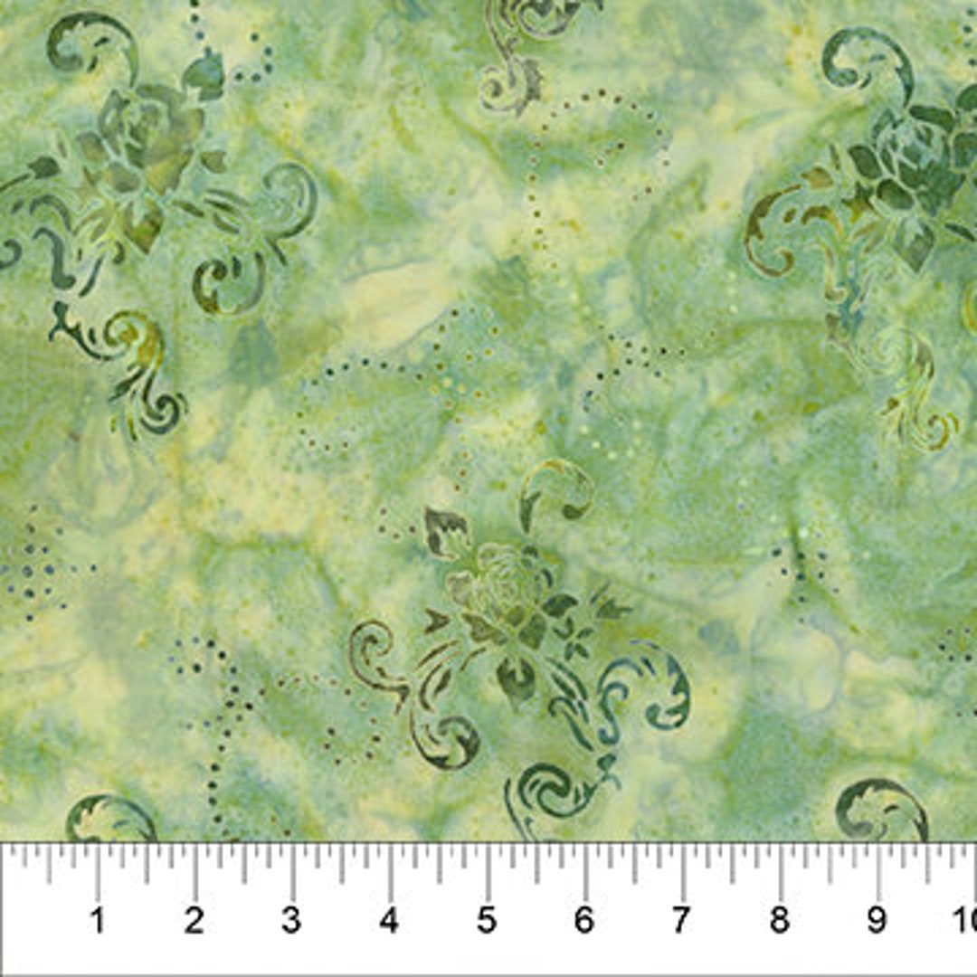 Batik Fabric - Rose Scroll in Green From Banyan Batik Rose Parade ...