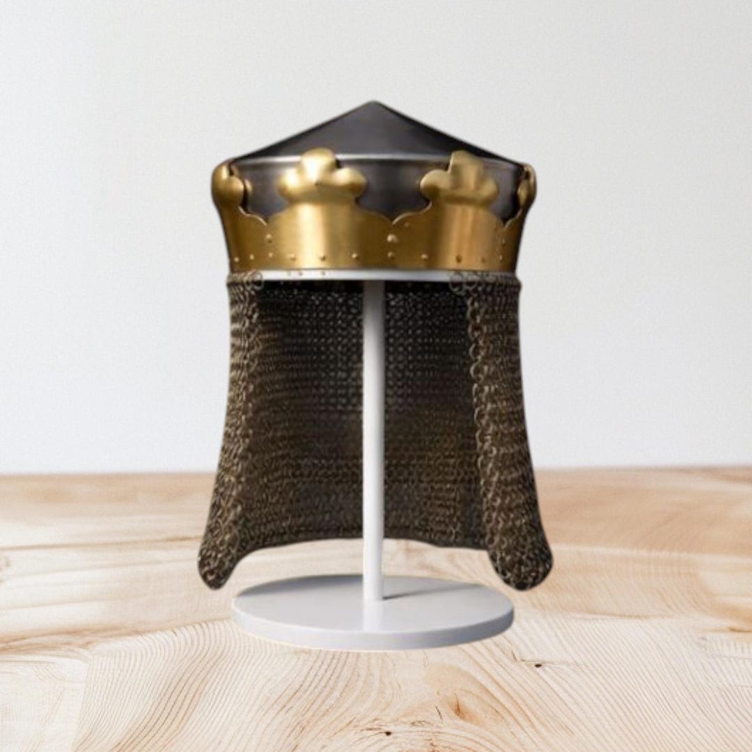Medieval Knight Helmet With Brass Crown & Chainmail Coif | LARP SCA ...
