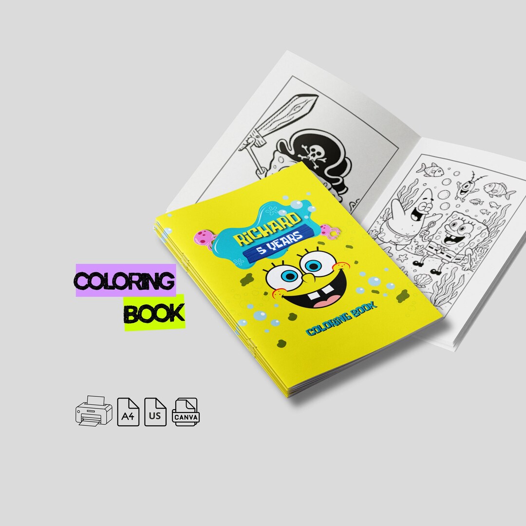 Sponge Bob Coloring Book | 20 Pages | 40 Drawings | Editable Canva ...