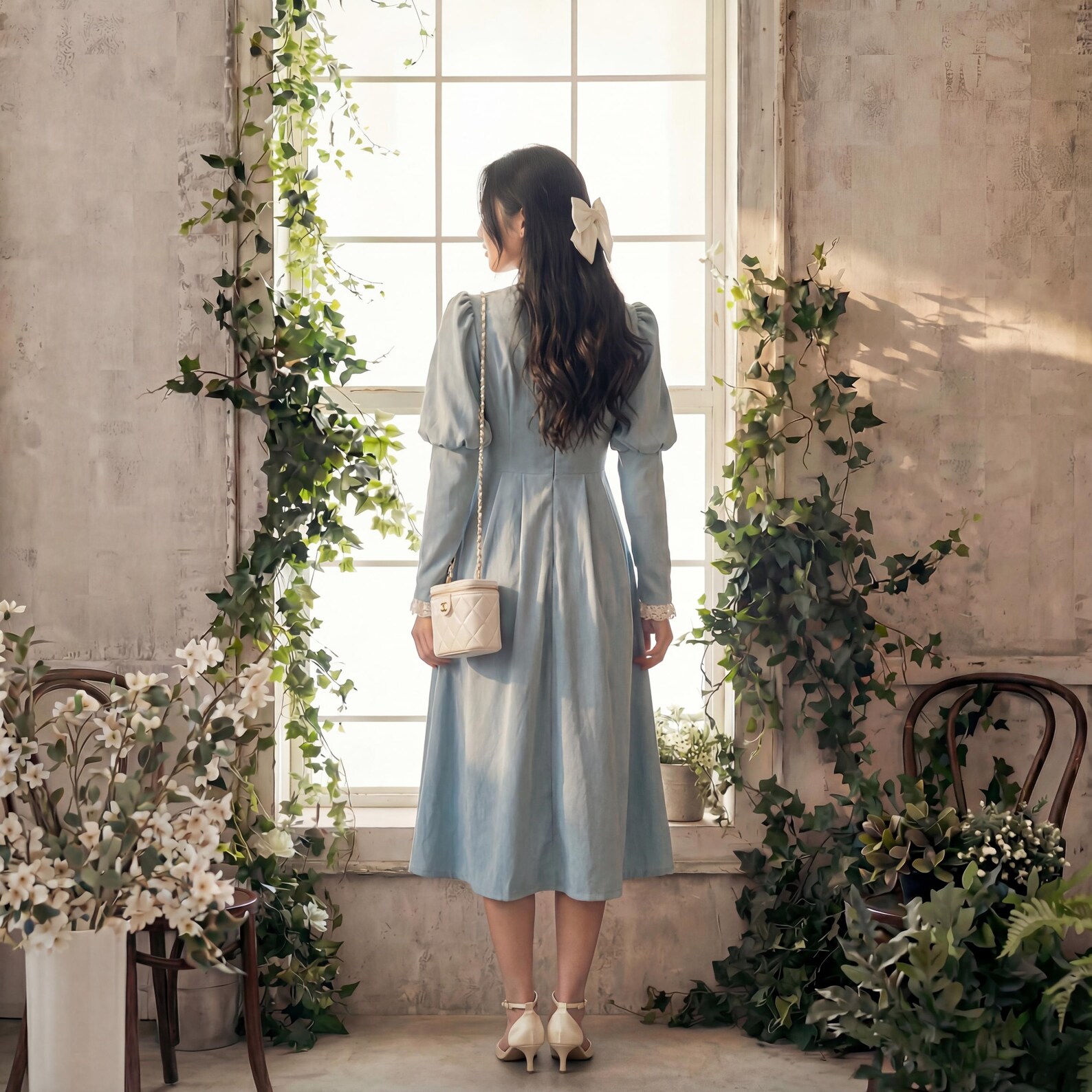 Vintage French Blue Midi Dress, Puff Sleeve Lace Collar Princess Gown ...