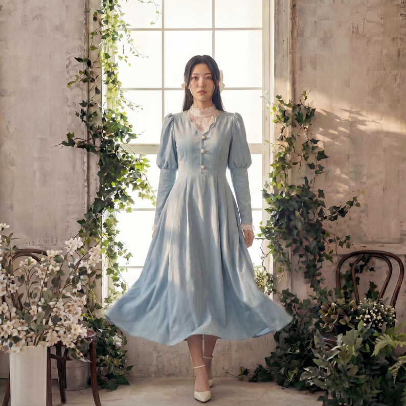 Vintage French Blue Midi Dress, Lace Collar Cottagecore Gown - Etsy