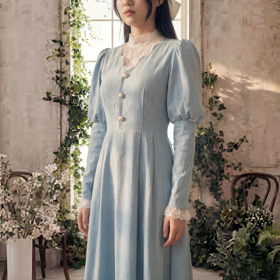 Vintage French Blue Midi Dress, Puff Sleeve Lace Collar Princess Gown ...
