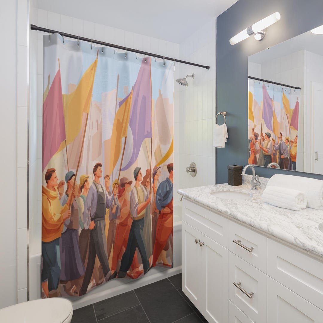 Worker Parade Scene Shower Curtain | Retro Marching People Illustration ...