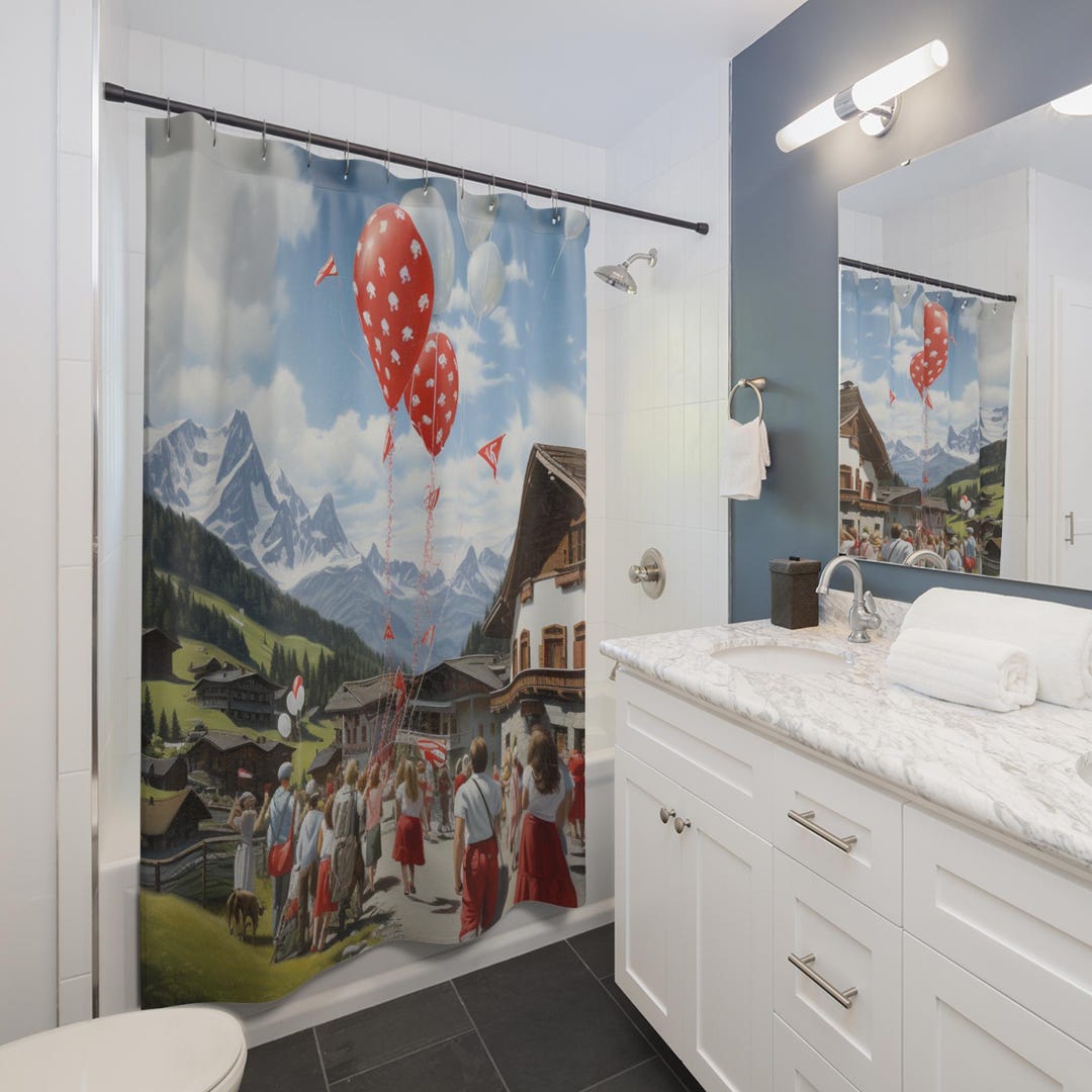 Swiss Celebrations Shower Curtain | Red Balloons, Mountain Village ...