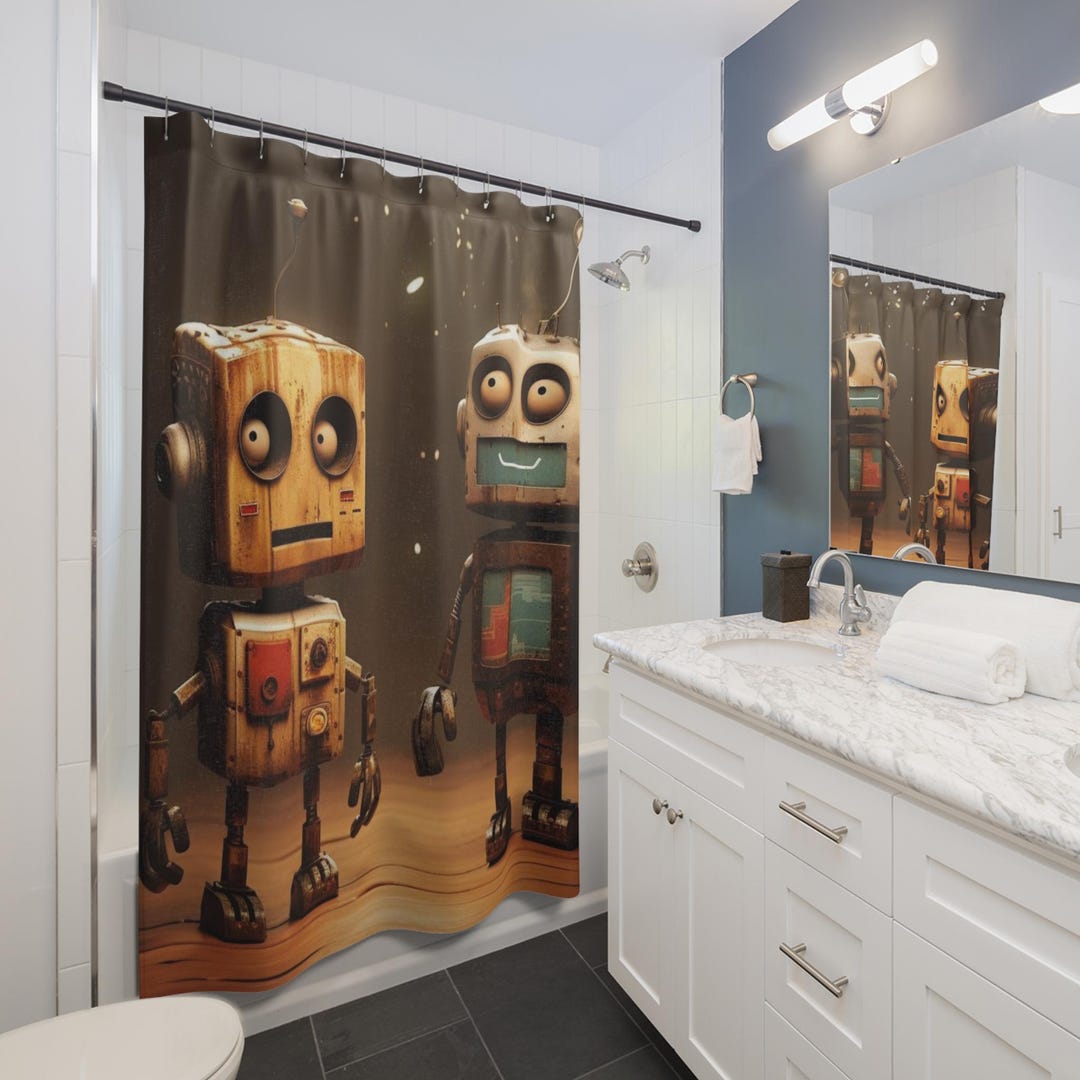 Cute Robots Shower Curtain | Retro Robots Bathroom Decor, Gift for ...