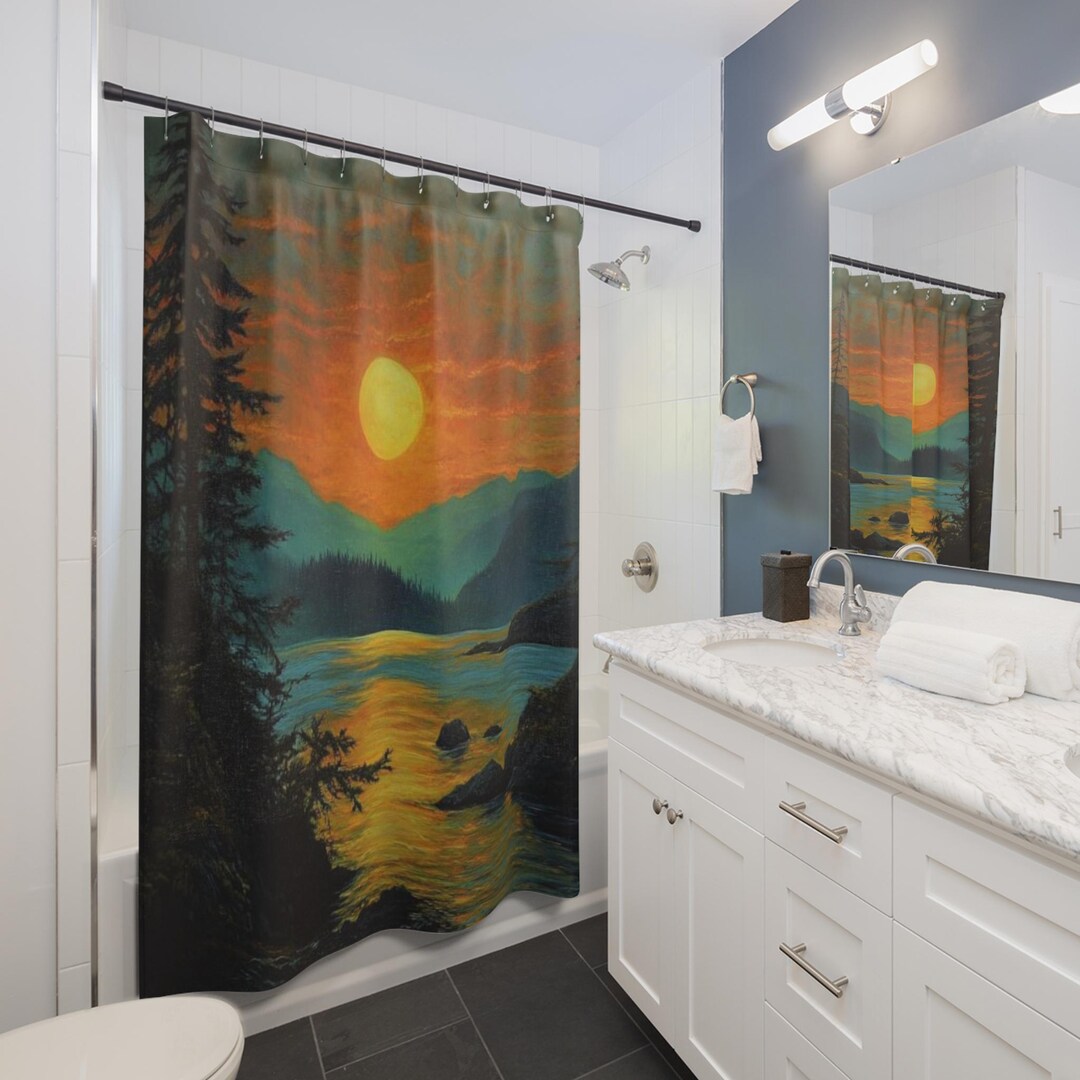 Alaskan Midnight Shower Curtain | Mountain Moonlit Forest, Gift for ...