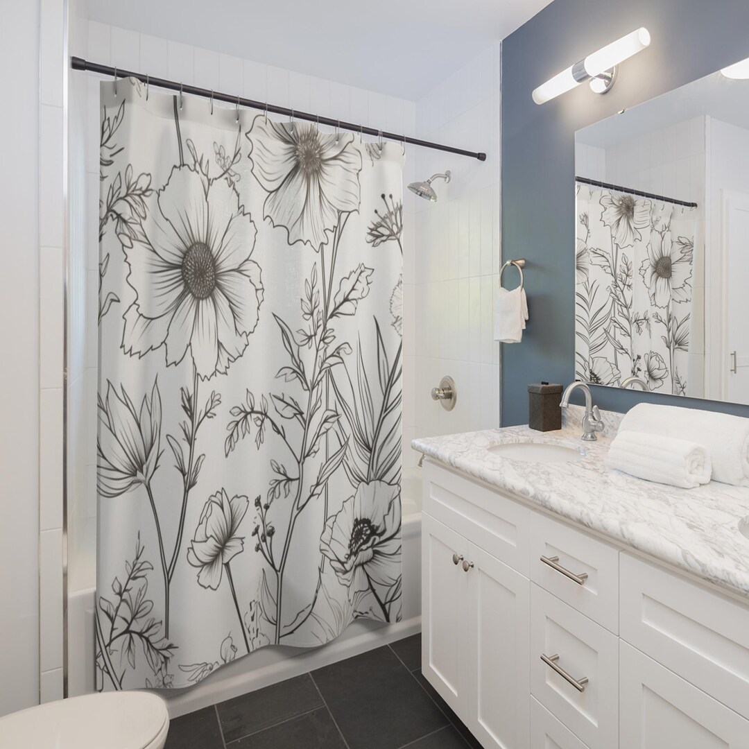 Linear Garden Drift Shower Curtain | Monochrome Botanical Bathroom ...