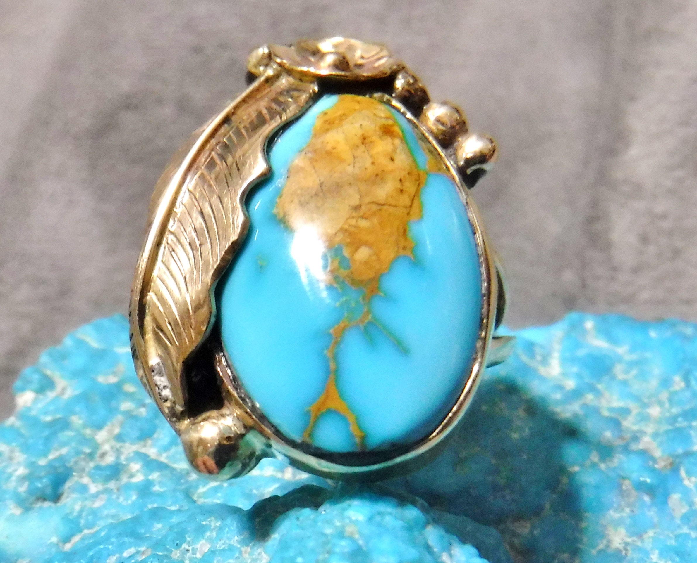 Natural Royston Turquoise Ring Set in 14K Gold 1549-L | Etsy