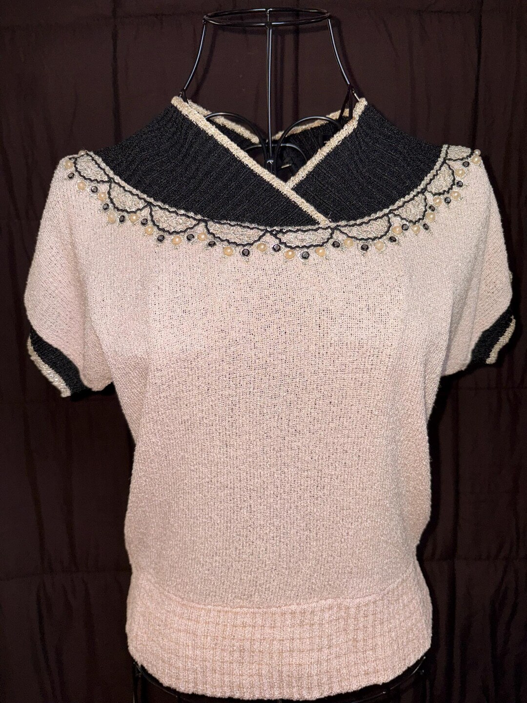 Vintage Pink & Black Beaded Sweater | 1950s–1960s | Pearl Detail Knit ...
