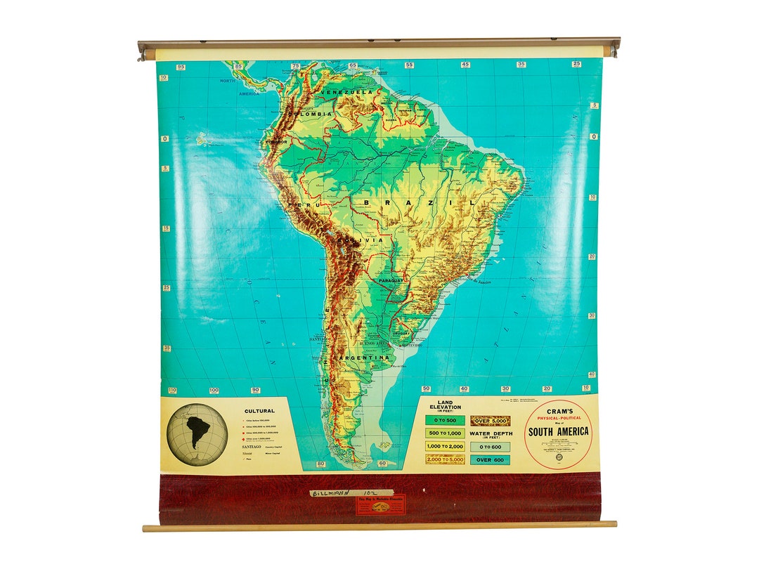Vintage Cram's Physical Political South America Roll up School Map - Etsy