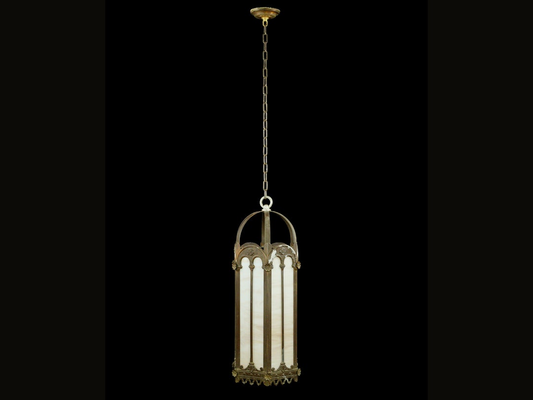 Antique Gothic Slag Glass Lantern Pendant Light - Etsy