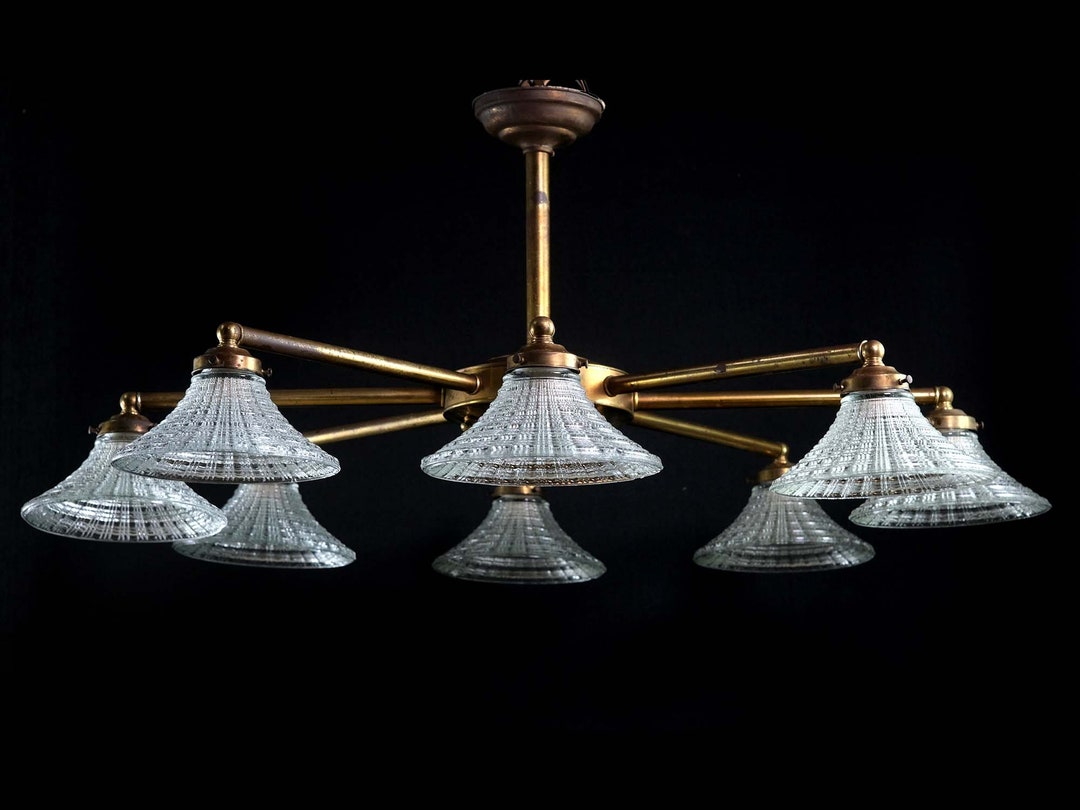 Antique 8 Arm Brass Waffle Glass Shades Chandelier - Etsy