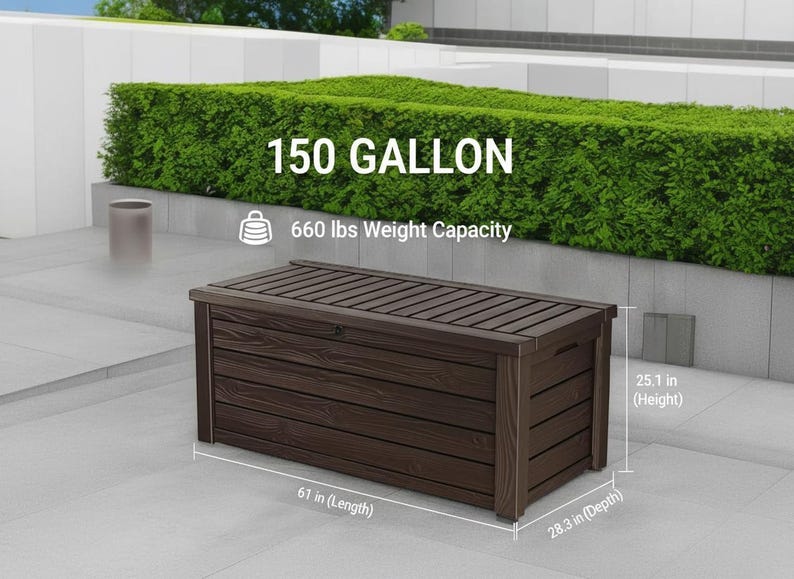 150 Gallon Resin Outdoor Storage Box, Patio Cushion Bench, Lockable ...