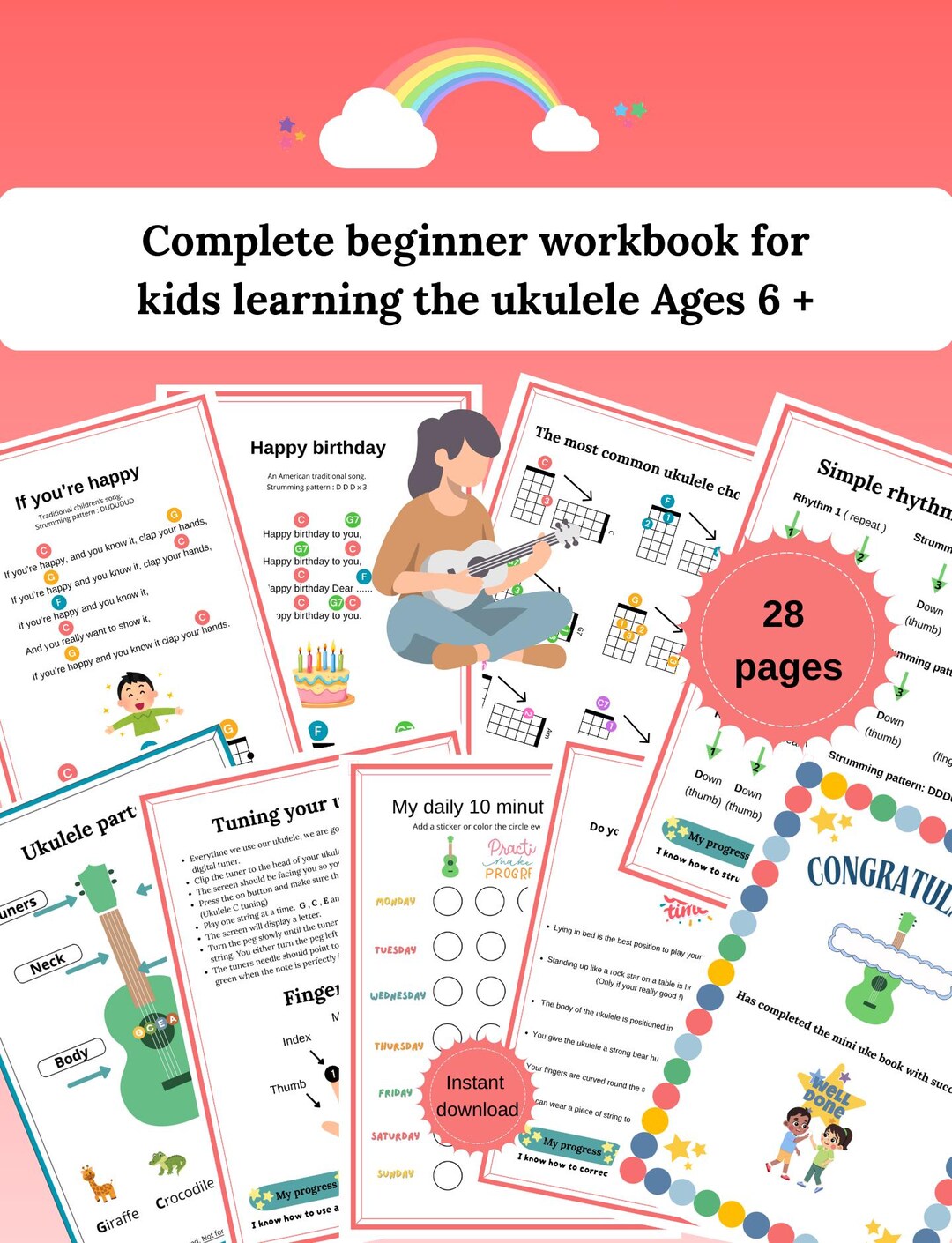 Kids Ukulele Beginner Workbook – 28 Printable Music Lessons (ages 6 ...