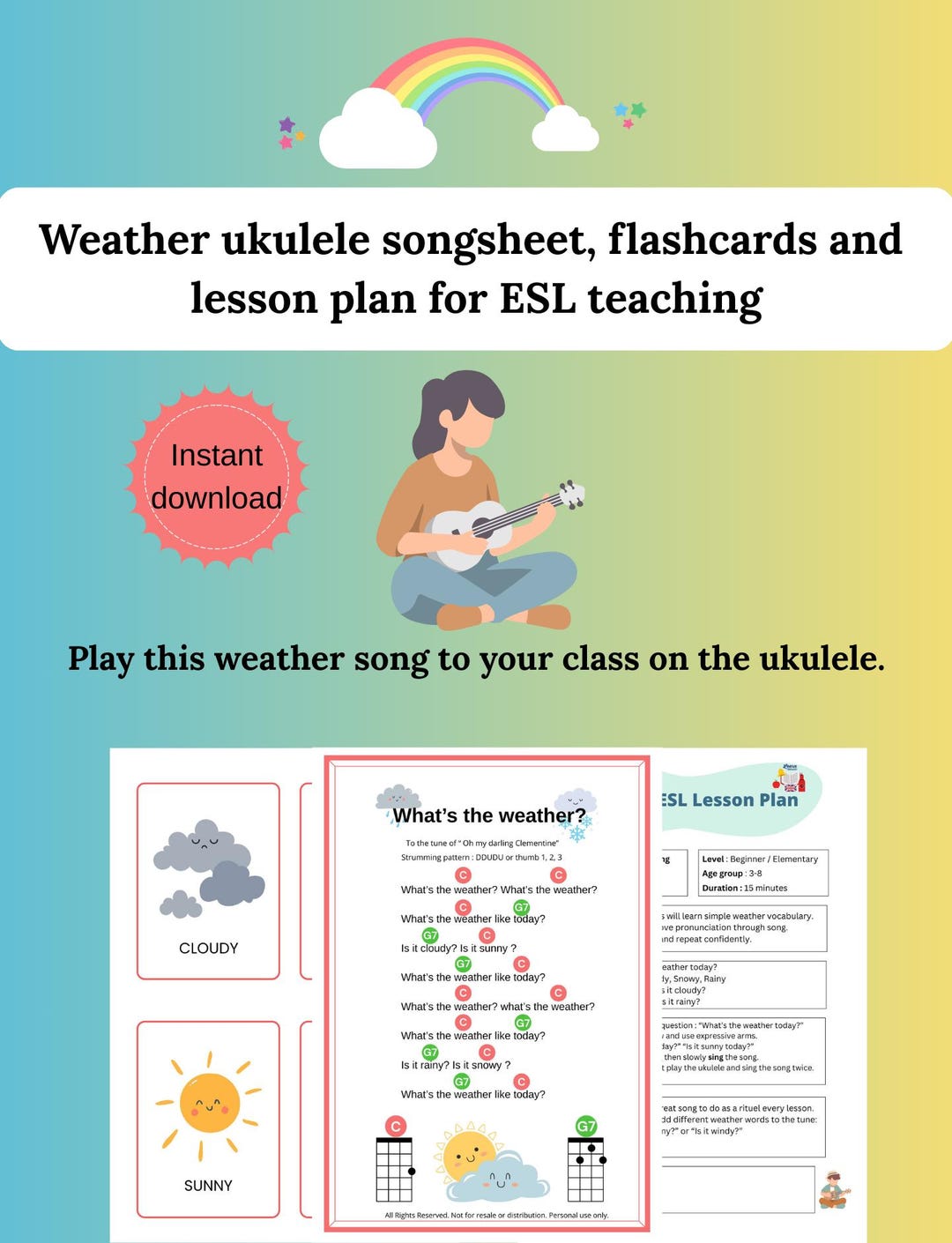 ESL Ukulele Teaching Set With Lesson Plan, Song Sheet and Flashcards ...