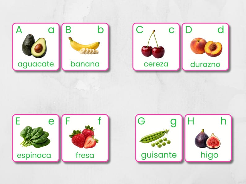 Spanish Fruits Vegetables Flashcards Printable Alphabet Cards Kids ...