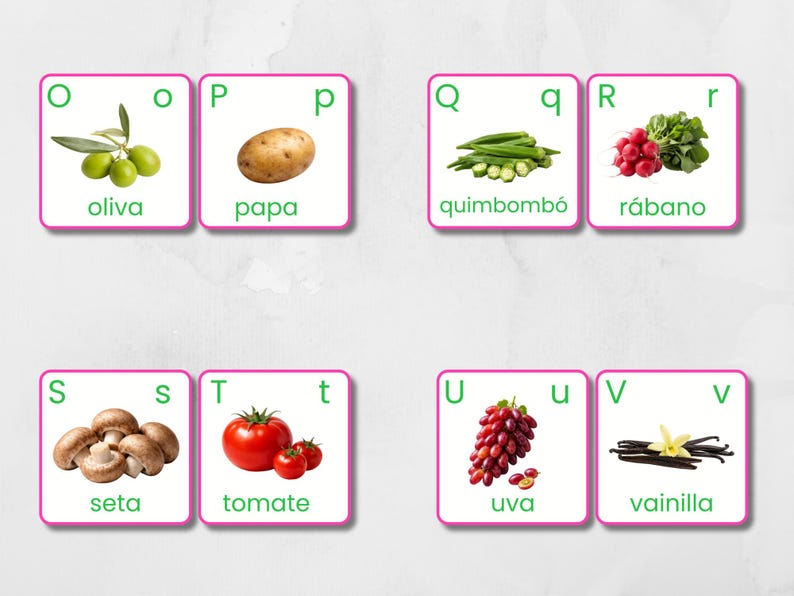 Spanish Fruits Vegetables Flashcards Printable Alphabet Cards Kids ...