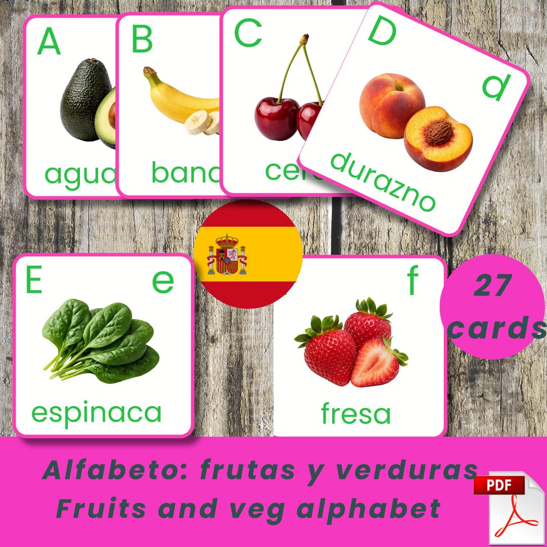 Spanish Fruits Vegetables Flashcards Printable Alphabet Cards Kids ...