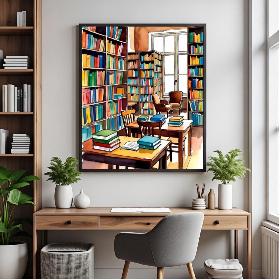 Colorful Library Art Printable, Cozy Reading Room Wall Art, Book Lover ...
