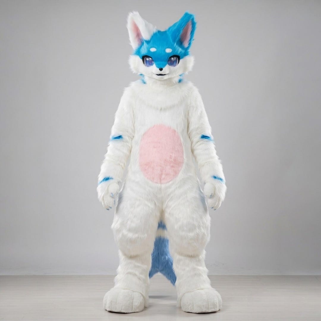 White Blue Fox Fursuit Costume – Kawaii Mascot Animal Suit, Pink Belly ...