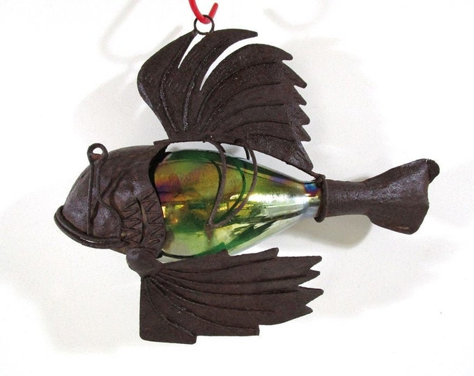 Angler Fish Yard Art, Vintage Rusty Metal and Iridescent Glass, Hanging ...