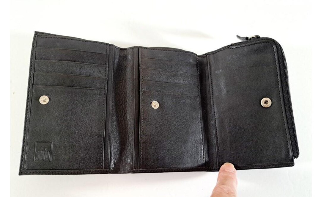 Leather Tri Fold Wallet With Zip Compartment, Vintage Black Leather ...
