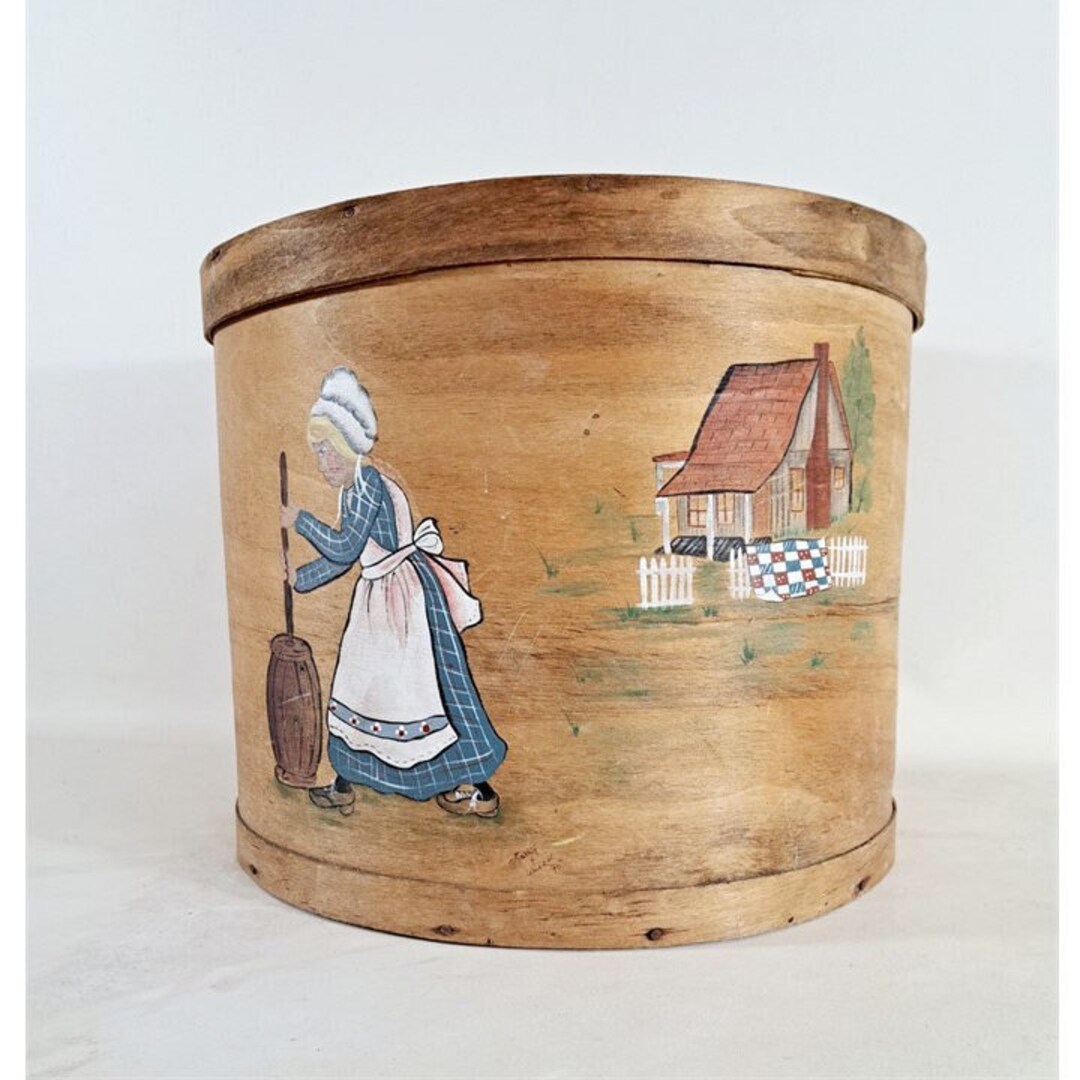 Tall Cheese Box, Hand Painted Signed, Vintage 90s Butter Churning and ...