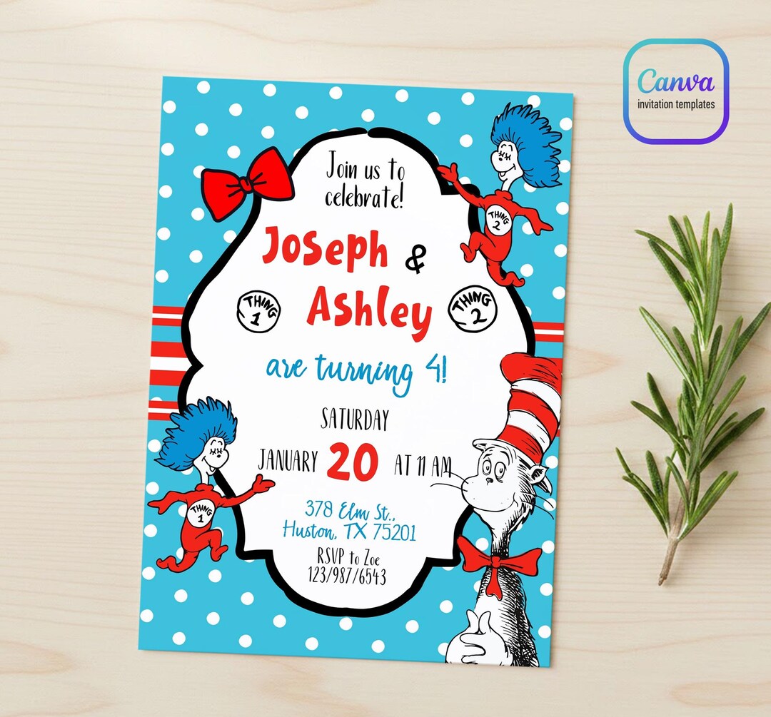 Dr Seuss Birthday Invitation, Printable Fairytale Invite, Editable Cat ...