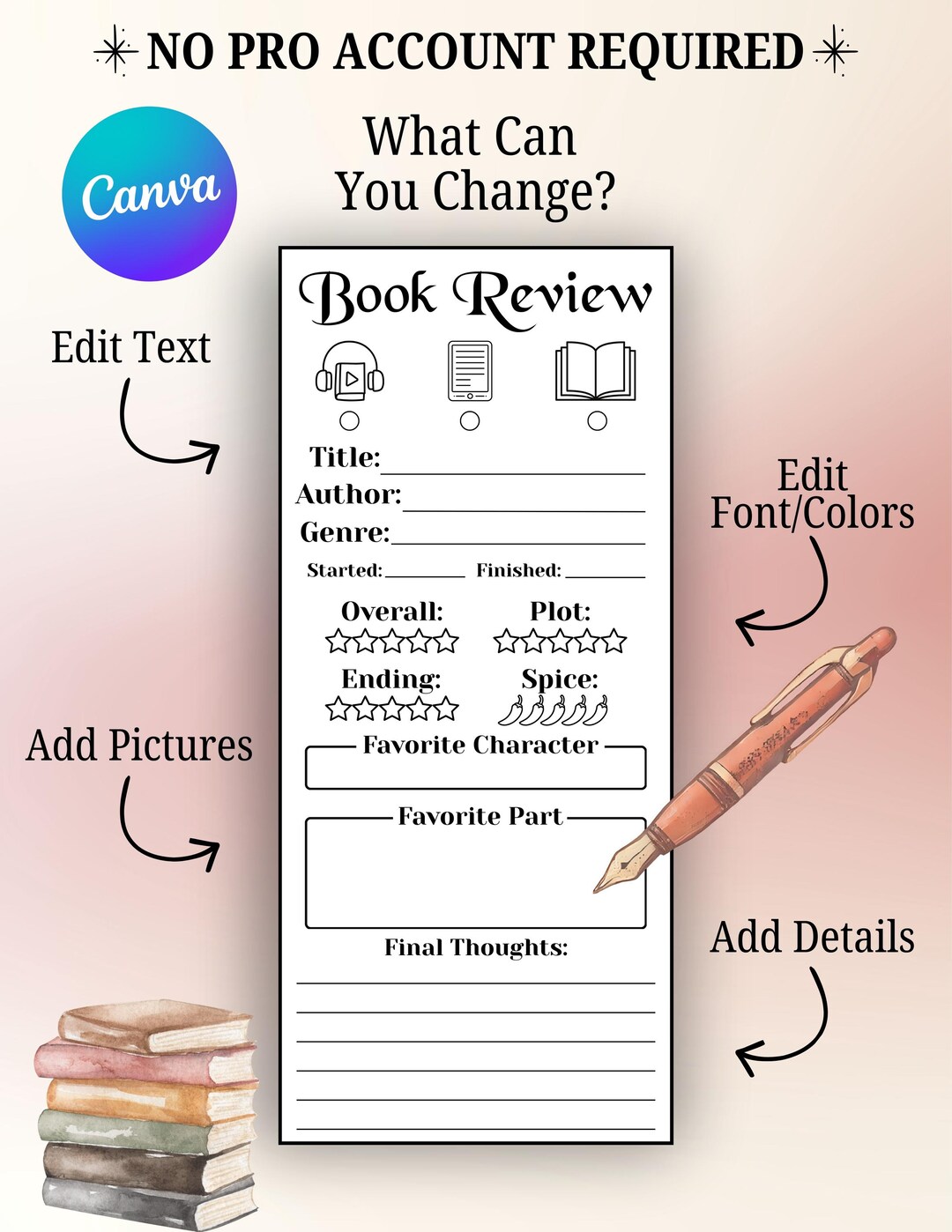 Book Review Bookmark | Printable Reading Tracker | Book Club Bookmark ...