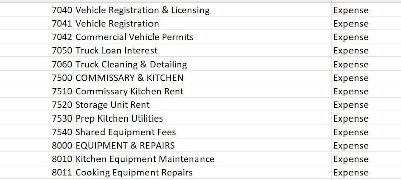 Chart of Accounts for Food Truck Type Business - Etsy
