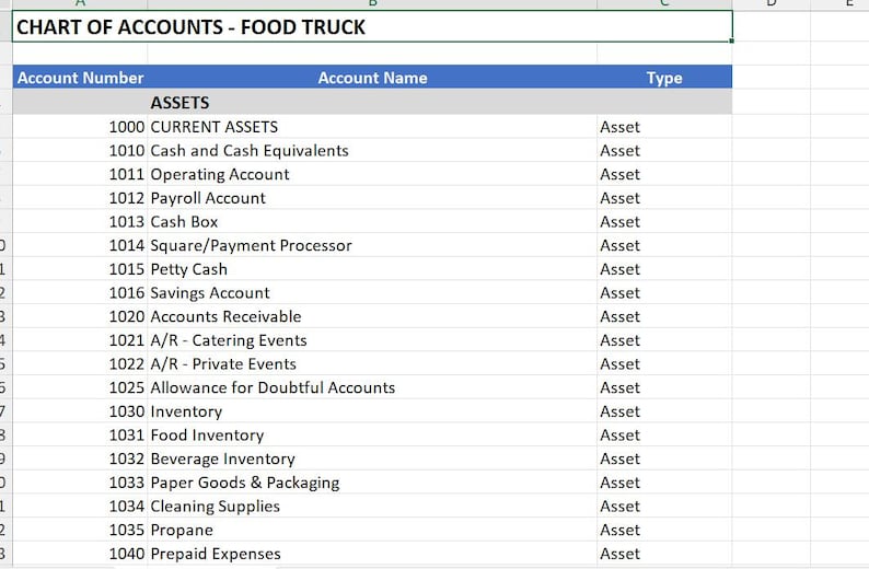 Chart of Accounts for Food Truck Type Business - Etsy