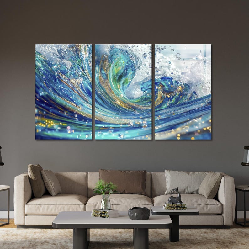 Tempered Glass Wall Art – Extra Large Blue Gold Abstract Ocean Wave ...