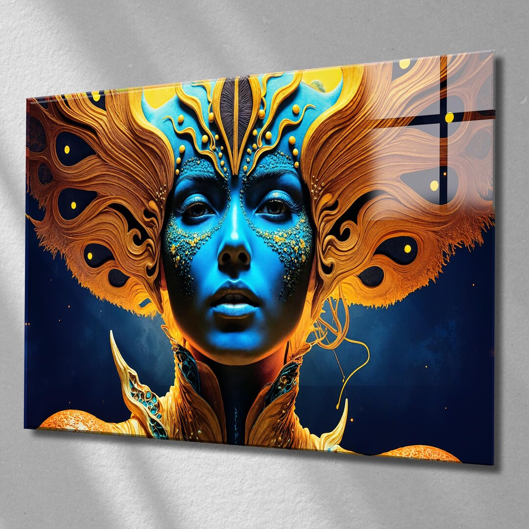 Tempered Glass Wall Art Blue Goddess Portrait Extra Large Wall Art Gold ...