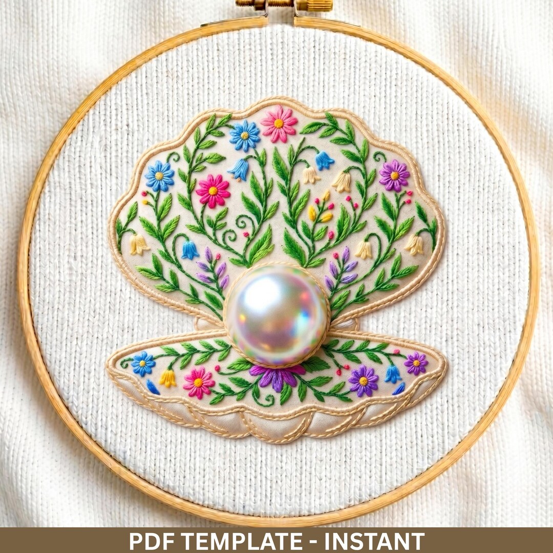 Seashell Pearl Embroidery Design, Coastal Ocean Shell Hand Embroidery ...