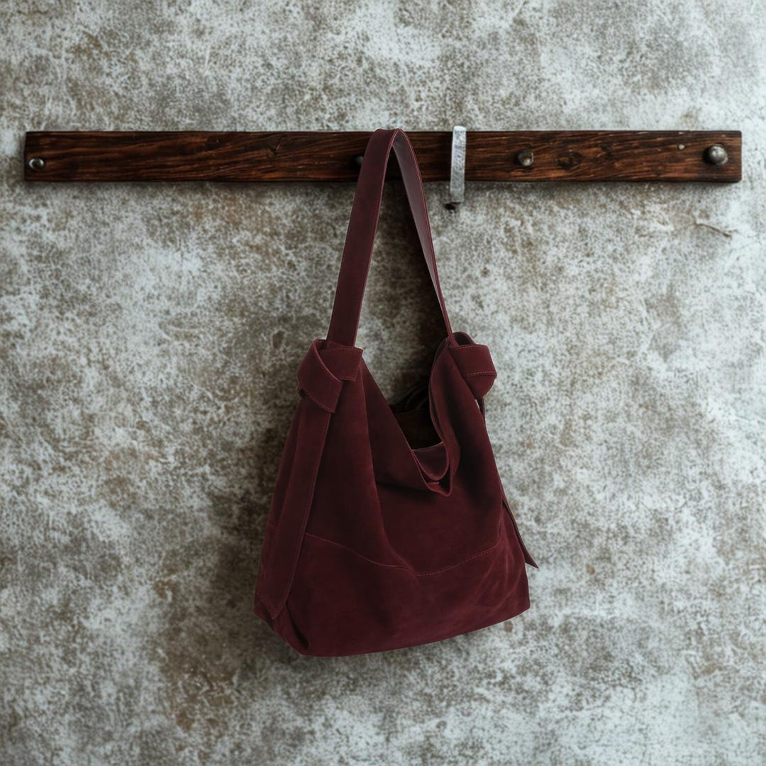 Genuine Suede Hobo Tote Bag – Taupe Boho Shoulder Bag With Detachable ...