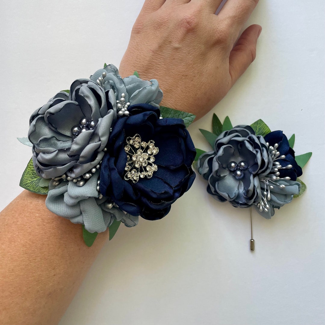 Shades of Blues Corsage or Boutonnière Set With Greenery - Fabric ...