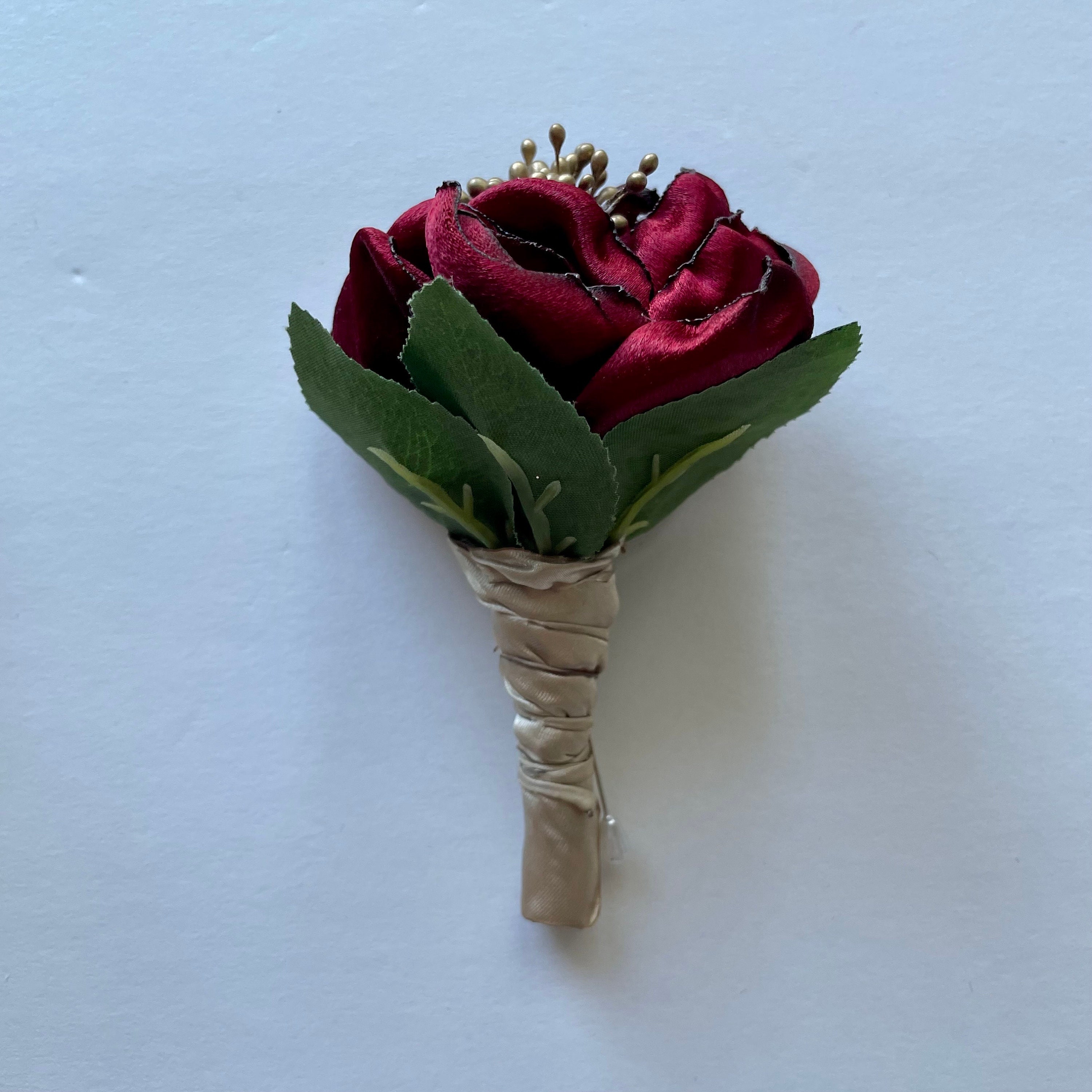 Maroon and Champagne Rose Corsage or Boutonnière With Greenery - Red ...