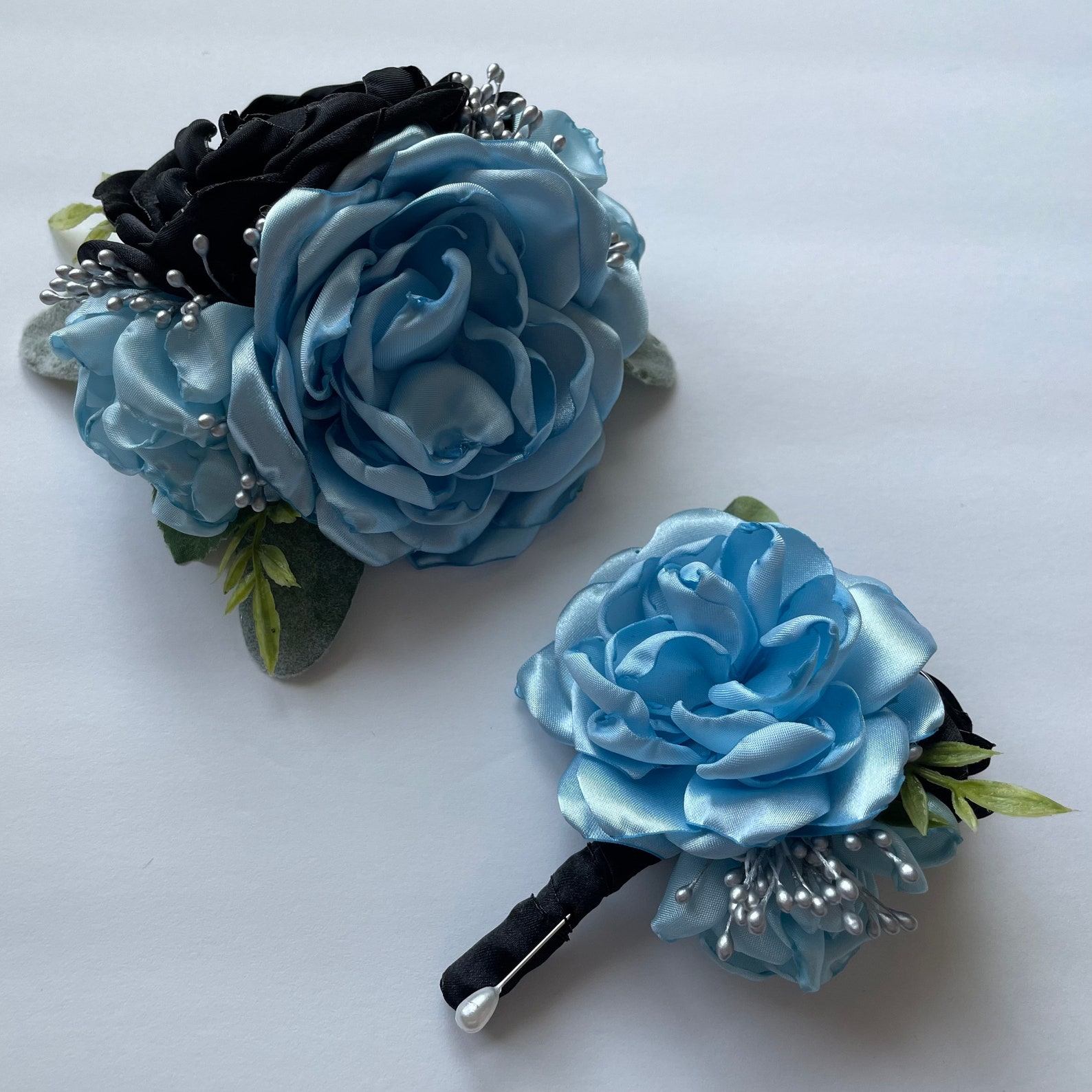Baby Blue and Black Corsage or Boutonnière With Greenery - Etsy