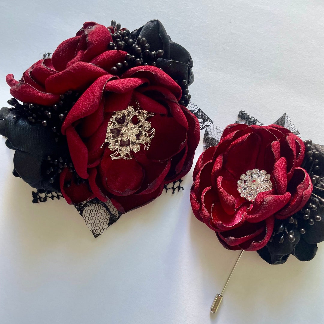 Wine Red and Black Corsage or Boutonnière - Red Prom Flowers, Wine Prom ...