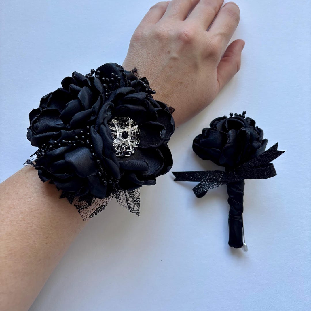 Solid Black Corsage or Boutonnière With Black Glitter Ribbon - Prom ...