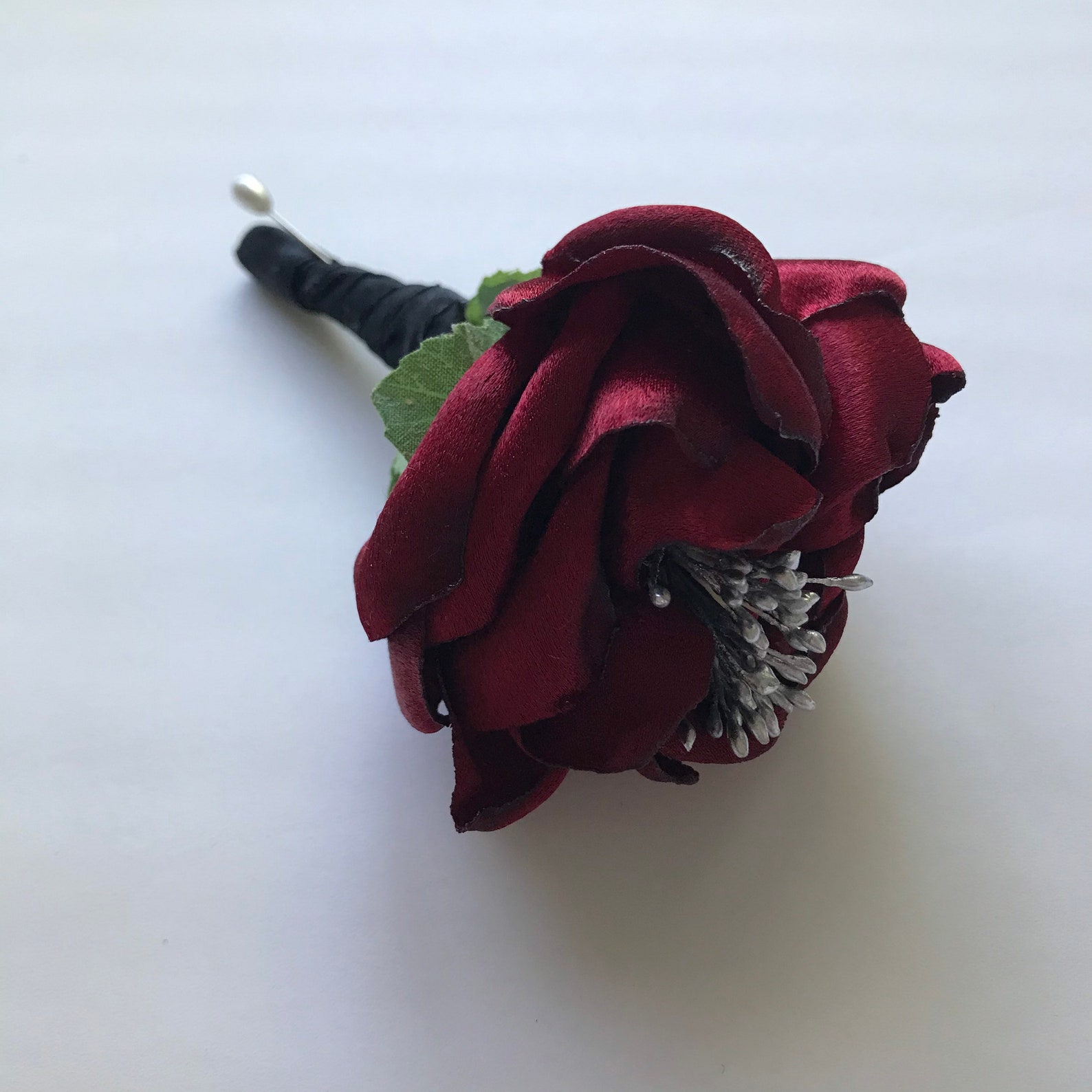 Maroon and Black Rose Corsage or Boutonnière With Greenery - Black and ...
