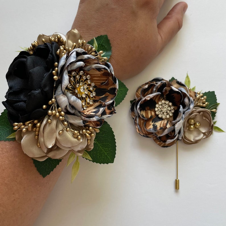 Leopard Print Corsage & Boutonnière Set – Prom Flowers, Gold Accents ...