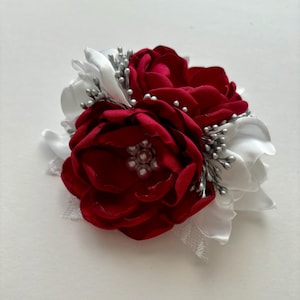 Deep Red and White Corsage or Boutonnière Set - Fabric Flowers, Satin ...