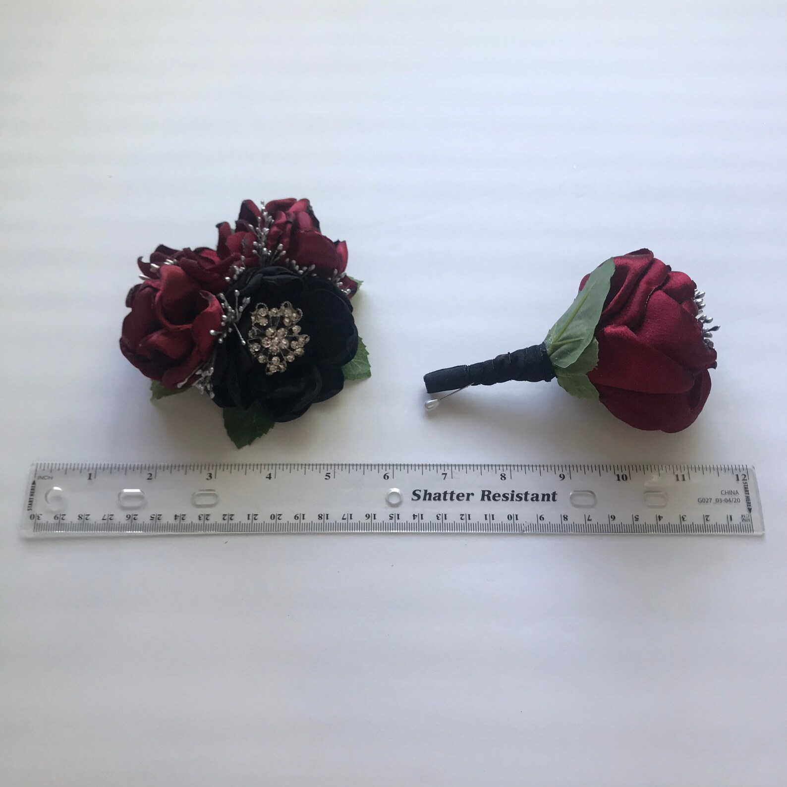 Maroon and Black Rose Corsage or Boutonnière With Greenery - Black and ...