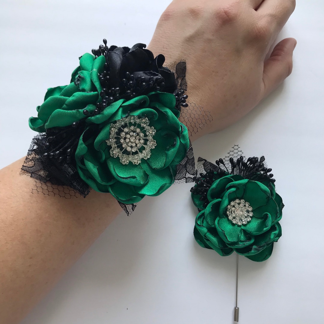 Emerald Green and Black Corsage or Boutonnière - Handmade Fabric ...